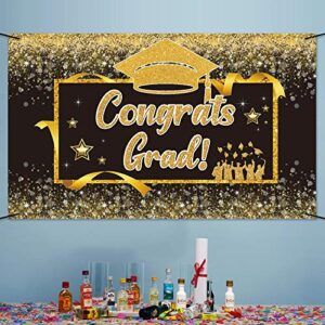 Ushinemi Congrats Grad Backdrop Congratulations Graduate 2023 Banner - Class of 2023 Party Decorations, 6x3.6 Ft, Black and Gold