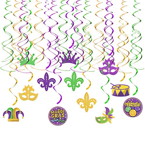 SUNKIM 24Pcs Mardi Gras Decoration Carnival Party Supplies Hanging Swirl Party Decoration Kit with Masquerade Masks Crown Pattern for Mardi Gras Theme Party Carnival New Orleans Photo Prop Supplies VeteransDay