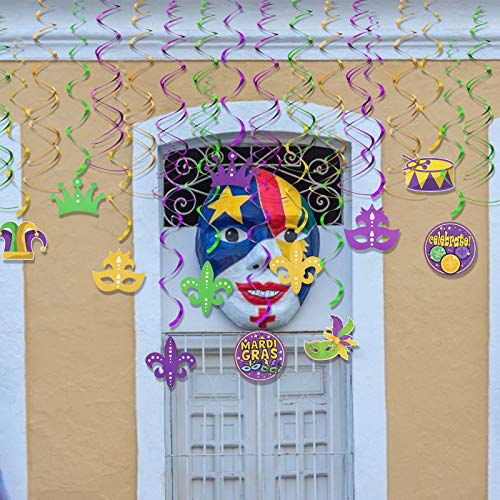 SUNKIM 24Pcs Mardi Gras Decoration Carnival Party Supplies Hanging Swirl Party Decoration Kit with Masquerade Masks Crown Pattern for Mardi Gras Theme Party Carnival New Orleans Photo Prop Supplies VeteransDay