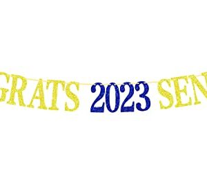 Congats 2023 Seniors Banner, Class of 2023 Bunting Sign, High School / College / University Graduation Theme Party Decoration Supplies (Gold and Blue)