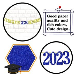 Congats 2023 Seniors Banner, Class of 2023 Bunting Sign, High School / College / University Graduation Theme Party Decoration Supplies (Gold and Blue)