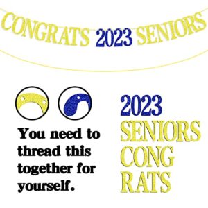 Congats 2023 Seniors Banner, Class of 2023 Bunting Sign, High School / College / University Graduation Theme Party Decoration Supplies (Gold and Blue)