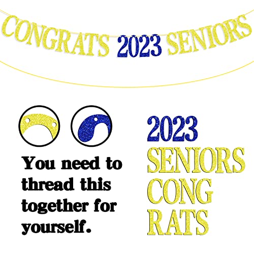 Congats 2023 Seniors Banner, Class of 2023 Bunting Sign, High School / College / University Graduation Theme Party Decoration Supplies (Gold and Blue)