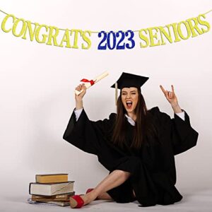 Congats 2023 Seniors Banner, Class of 2023 Bunting Sign, High School / College / University Graduation Theme Party Decoration Supplies (Gold and Blue)