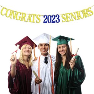 Congats 2023 Seniors Banner, Class of 2023 Bunting Sign, High School / College / University Graduation Theme Party Decoration Supplies (Gold and Blue)