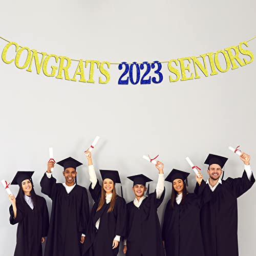 Congats 2023 Seniors Banner, Class of 2023 Bunting Sign, High School / College / University Graduation Theme Party Decoration Supplies (Gold and Blue)