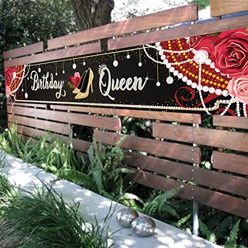 Meltelot Large Red Rose Gold High Heels Happy Banner Red Rose Pearl Shining Lady Queen Women Birthday Party Decorations for Girl Princess 1st Birthday Party Yard Banner for Outdoor Indoor (9.8x1.6ft)