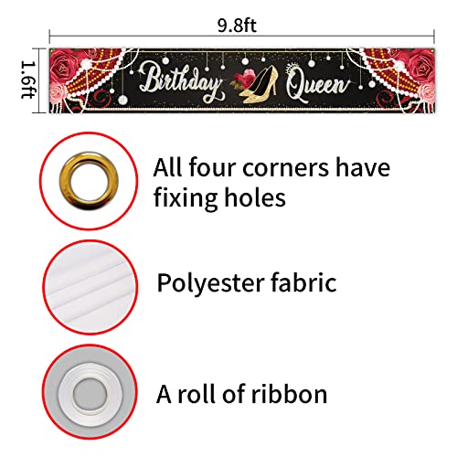 Meltelot Large Red Rose Gold High Heels Happy Banner Red Rose Pearl Shining Lady Queen Women Birthday Party Decorations for Girl Princess 1st Birthday Party Yard Banner for Outdoor Indoor (9.8x1.6ft)