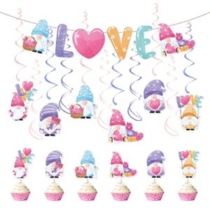 valentine’s day banner, happy valentines day banner gnome valentines garland banner conversation heart decor valentines hanging swirls gnomes cupcake toppers for girls valentines party home