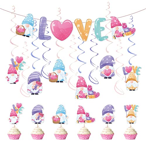 Valentine's Day Banner, Happy Valentines Day Banner Gnome Valentines Garland Banner Conversation Heart Decor Valentines Hanging Swirls Gnomes Cupcake Toppers for Girls Valentines Party Home