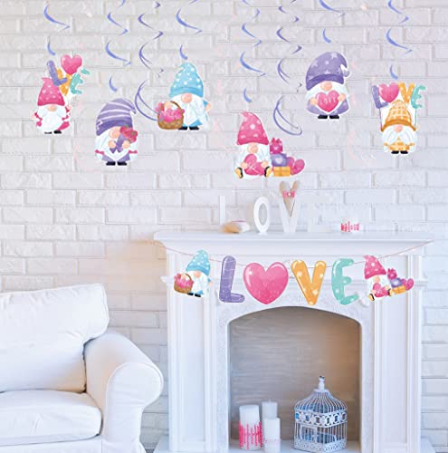 Valentine's Day Banner, Happy Valentines Day Banner Gnome Valentines Garland Banner Conversation Heart Decor Valentines Hanging Swirls Gnomes Cupcake Toppers for Girls Valentines Party Home