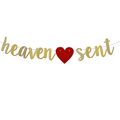 QWLQIAO Heaven Sent Gold Glitter Banner With Red Heart for Baby Shower Party Pre-strung Decorations