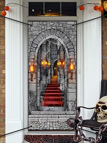 Remagr Door Cover Decorations Castle Entrance Door Cover 3D Medieval Theme Castle Backdrop Gothic Birthday Photo Background Banner for Remagr Vampire Party Decor Supplies, 78 x 36 Inch