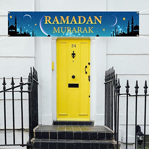 KYMY Ramadan Mubarak Porch Sign with 59 X 11.8 inch,Muslim Ramadan Banner for Eid Mubarak Party,Islamic Hanging Banner for Indoor and Outdoor Ramadan Mubarak Decorations