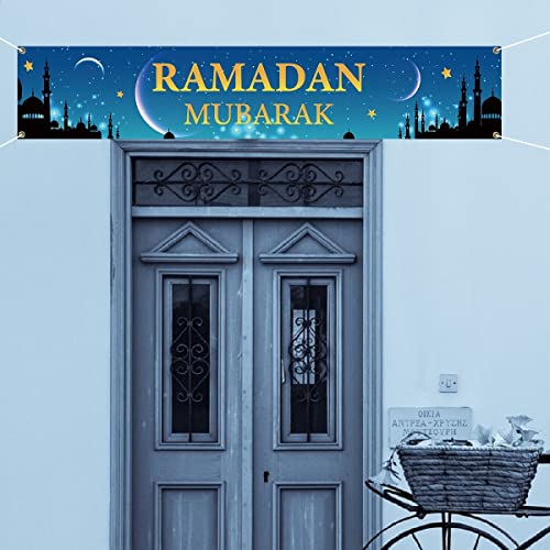 KYMY Ramadan Mubarak Porch Sign with 59 X 11.8 inch,Muslim Ramadan Banner for Eid Mubarak Party,Islamic Hanging Banner for Indoor and Outdoor Ramadan Mubarak Decorations