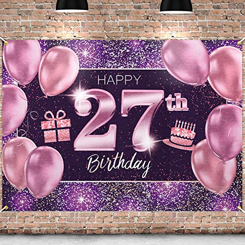 PAKBOOM Happy 27th Birthday Banner Backdrop - 27 Birthday Party Decorations Supplies for Women Her - Pink Purple Gold 4 x 6ft