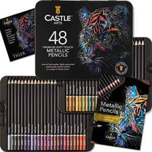 castle art supplies 48 piece metallic colored pencil set | 48 shimmering shades with wax cores for professional, adult artists and colorists | protected and organized in presentation tin box