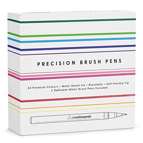 Creativepeak Watercolor Brush Pens - 24 Vibrant Coloring Pens & 2 Blending Brushes - Premium Quality Art Supplies Featuring Soft, Real Tip - Perfect for Calligraphy, Lettering, Adult Coloring