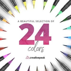 Creativepeak Watercolor Brush Pens - 24 Vibrant Coloring Pens & 2 Blending Brushes - Premium Quality Art Supplies Featuring Soft, Real Tip - Perfect for Calligraphy, Lettering, Adult Coloring