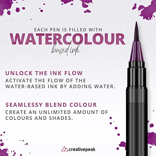 Creativepeak Watercolor Brush Pens - 24 Vibrant Coloring Pens & 2 Blending Brushes - Premium Quality Art Supplies Featuring Soft, Real Tip - Perfect for Calligraphy, Lettering, Adult Coloring