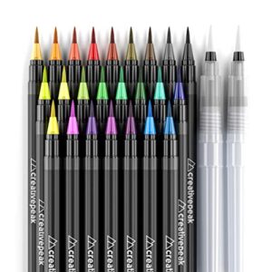 Creativepeak Watercolor Brush Pens - 24 Vibrant Coloring Pens & 2 Blending Brushes - Premium Quality Art Supplies Featuring Soft, Real Tip - Perfect for Calligraphy, Lettering, Adult Coloring