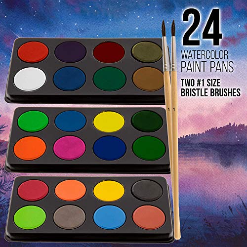 U.S. Art Supply 82-Piece Deluxe Artist Studio Creativity Set Wood Box Case - Art Painting, Sketching Drawing Set, 24 Watercolor Paint Colors, 24 Oil Pastels, 24 Colored Pencils, 2 Brushes, Starter Kit