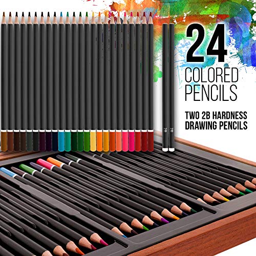 U.S. Art Supply 82-Piece Deluxe Artist Studio Creativity Set Wood Box Case - Art Painting, Sketching Drawing Set, 24 Watercolor Paint Colors, 24 Oil Pastels, 24 Colored Pencils, 2 Brushes, Starter Kit