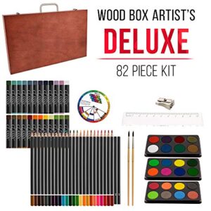 U.S. Art Supply 82-Piece Deluxe Artist Studio Creativity Set Wood Box Case - Art Painting, Sketching Drawing Set, 24 Watercolor Paint Colors, 24 Oil Pastels, 24 Colored Pencils, 2 Brushes, Starter Kit