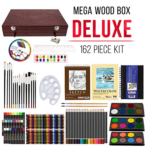 U.S. Art Supply 162-Piece Deluxe Mega Wood Box Art Painting and Drawing Set - Artist Painting Pad, 2 Sketch Pads, 24 Watercolor Paint Colors, 24 Oil Pastels, 24 Colored Pencils, 60 Crayons, 2 Brushes