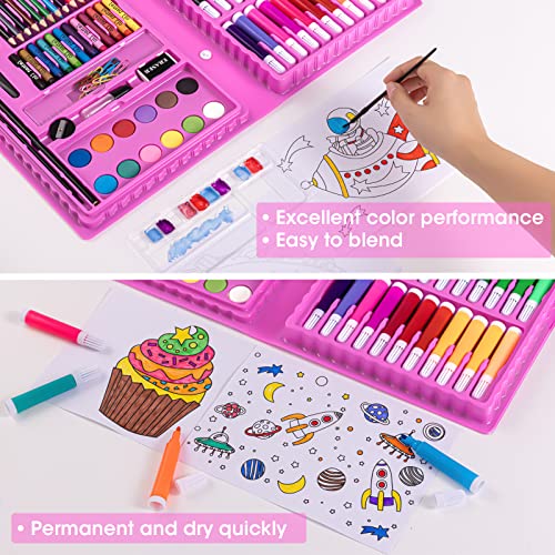 VigorFun Art Kit, Drawing Painting Art Supplies for Kids Girls Boys Teens, Gifts Art Set Case Includes Oil Pastels, Crayons, Colored Pencils, Watercolor Cakes (Pink)