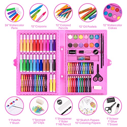 VigorFun Art Kit, Drawing Painting Art Supplies for Kids Girls Boys Teens, Gifts Art Set Case Includes Oil Pastels, Crayons, Colored Pencils, Watercolor Cakes (Pink)