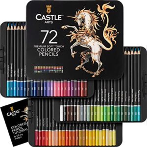 castle art supplies 72 colored pencils set | quality soft core colored leads for adult artists, professionals and colorists | protected and organized in presentation tin box