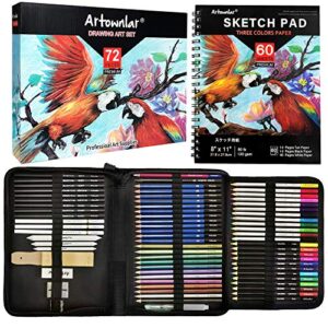 Artownlar 72 Pack Drawing Sketching Set with 8x11 Sketchbook | Pro Art Supplies Kit for Artist Adults Teens Beginners | Video Tutorial,Charcoal, Watercolor & Metallic Colored Pencils in Gift Case