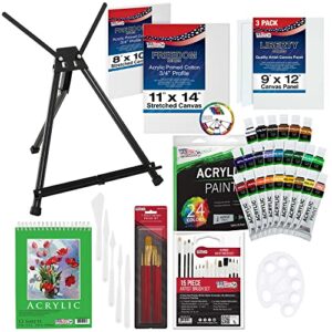 u.s. art supply 60-piece deluxe artist acrylic painting set with aluminum tabletop easel, 24 acrylic paint colors, 22 brushes, 2 stretched canvases, 3 canvas panels, paint palette knives painting pad