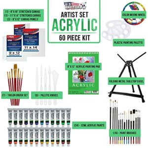 U.S. Art Supply 60-Piece Deluxe Artist Acrylic Painting Set with Aluminum Tabletop Easel, 24 Acrylic Paint Colors, 22 Brushes, 2 Stretched Canvases, 3 Canvas Panels, Paint Palette Knives Painting Pad