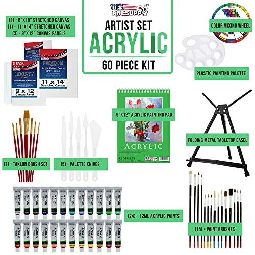 U.S. Art Supply 60-Piece Deluxe Artist Acrylic Painting Set with Aluminum Tabletop Easel, 24 Acrylic Paint Colors, 22 Brushes, 2 Stretched Canvases, 3 Canvas Panels, Paint Palette Knives Painting Pad