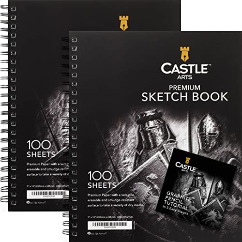 Castle Art Supplies Premium Sketch Book 9in x 12in | Double Sketch Pad Pack | 200 Sheets of Quality 90gsm Paper | for Adult Artists and Learners | Spiral Bound for Versatility | Ideal for Schools