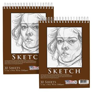 u.s. art supply 11″ x 14″ top spiral bound sketch book pad, pack of 2, 30 sheets each, 90lb (160gsm) – acid-free heavyweight paper, artist sketching drawing pad – pencils, charcoal – adults, students