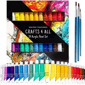 Crafts 4 All Acrylic Paint Set for Adults and Kids - 24-Pack of 12mL Paints for Canvas, Wood & Ceramic w/ 3 Art Brushes - Non-Toxic Craft Paint Sets - Stocking Stuffers for Girls and Boys