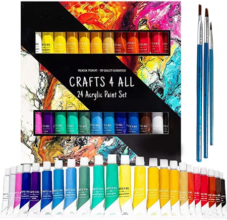 Crafts 4 All Acrylic Paint Set for Adults and Kids - 24-Pack of 12mL Paints for Canvas, Wood & Ceramic w/ 3 Art Brushes - Non-Toxic Craft Paint Sets - Stocking Stuffers for Girls and Boys