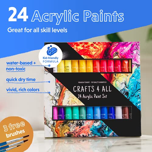 Crafts 4 All Acrylic Paint Set for Adults and Kids - 24-Pack of 12mL Paints for Canvas, Wood & Ceramic w/ 3 Art Brushes - Non-Toxic Craft Paint Sets - Stocking Stuffers for Girls and Boys