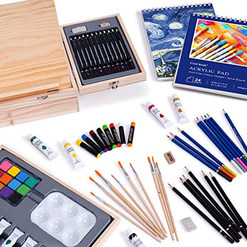 Art Set 85 Piece with Built-in Wooden Easel, 2 Drawing Pad, Art Supplies in Portable Wooden Case-Painting & Drawing Set Professional Art Kit