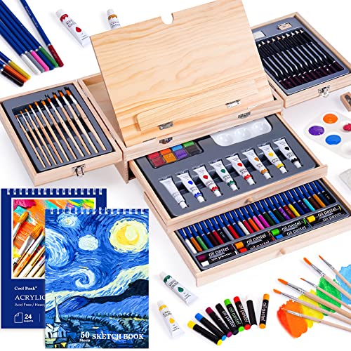 Art Set 85 Piece with Built-in Wooden Easel, 2 Drawing Pad, Art Supplies in Portable Wooden Case-Painting & Drawing Set Professional Art Kit