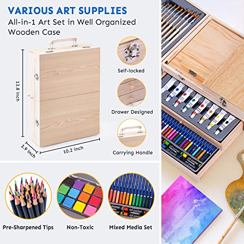 Art Set 85 Piece with Built-in Wooden Easel, 2 Drawing Pad, Art Supplies in Portable Wooden Case-Painting & Drawing Set Professional Art Kit