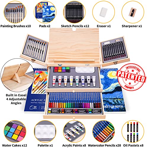 Art Set 85 Piece with Built-in Wooden Easel, 2 Drawing Pad, Art Supplies in Portable Wooden Case-Painting & Drawing Set Professional Art Kit