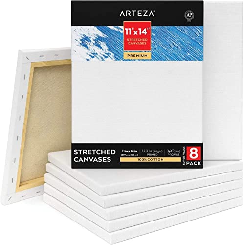 Arteza Paint Canvases for Painting, Pack of 8, 11 x 14 Inches, Blank White Stretched Canvas Bulk, 100% Cotton, 12.3 oz Gesso-Primed, Art Supplies for Adults and Teens, Acrylic Pouring and Oil Painting