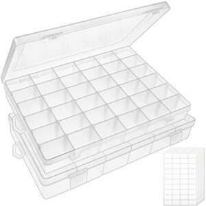 outuxed 2pack 36 grids clear plastic organizer box container craft storage with adjustable dividers for beads organizer art diy crafts jewelry fishing tackles with 5 sheets label stickers