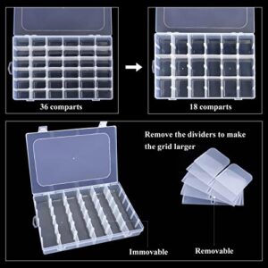 OUTUXED 2pack 36 Grids Clear Plastic Organizer Box Container Craft Storage with Adjustable Dividers for Beads Organizer Art DIY Crafts Jewelry Fishing Tackles with 5 Sheets Label Stickers