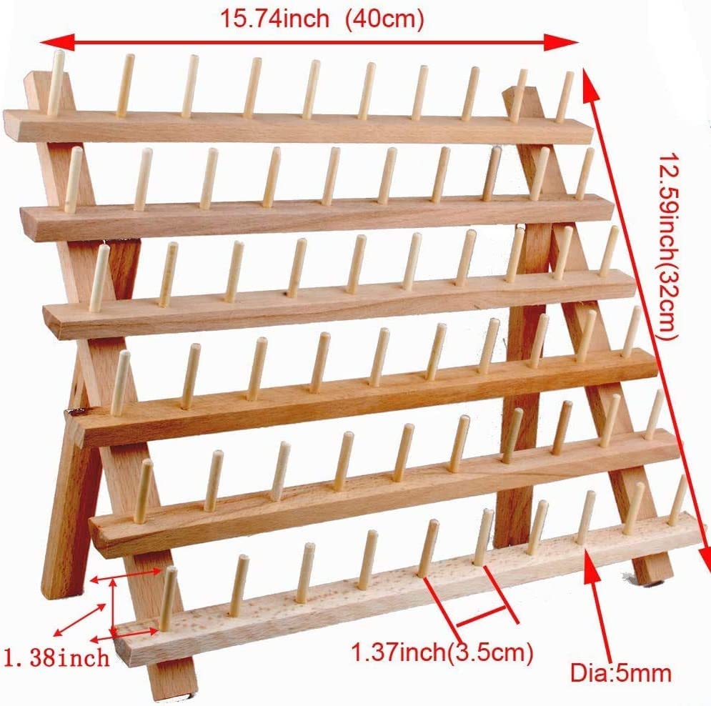 NW 60-Spools Wooden Thread Holder Sewing and Embroidery Thread Rack and Organizer Thread Rack for Sewing with Hanging Hooks