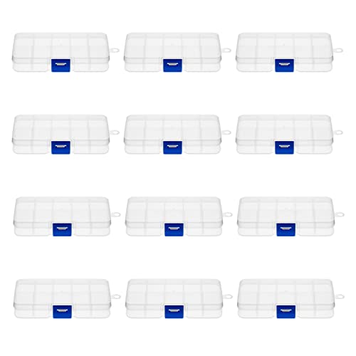 12 Pack Mini Clear Storage Containers with 10 Grid Dividers, Small Plastic Tackle Boxes for Beads, Buttons, DIY Jewelry (2.5 x 5 In)